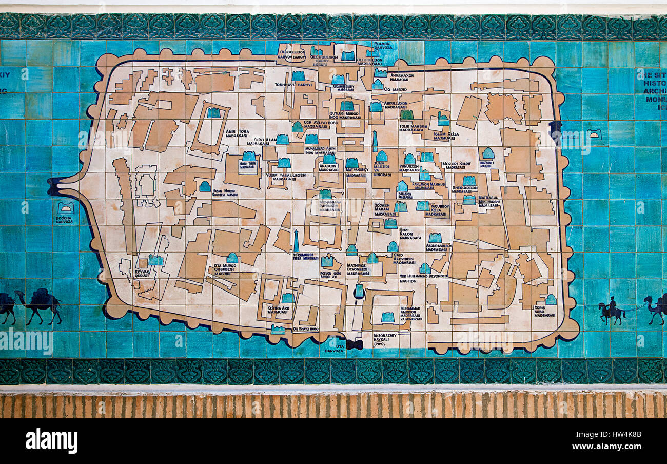 KHIVA, UZBEKISTAN - MAY 01, 2014: The map of historical center of Khiva ...