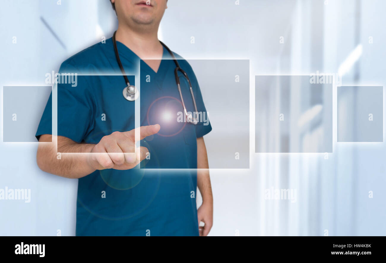Doctor pointing at futuristic touchscreen template concept Stock Photo ...