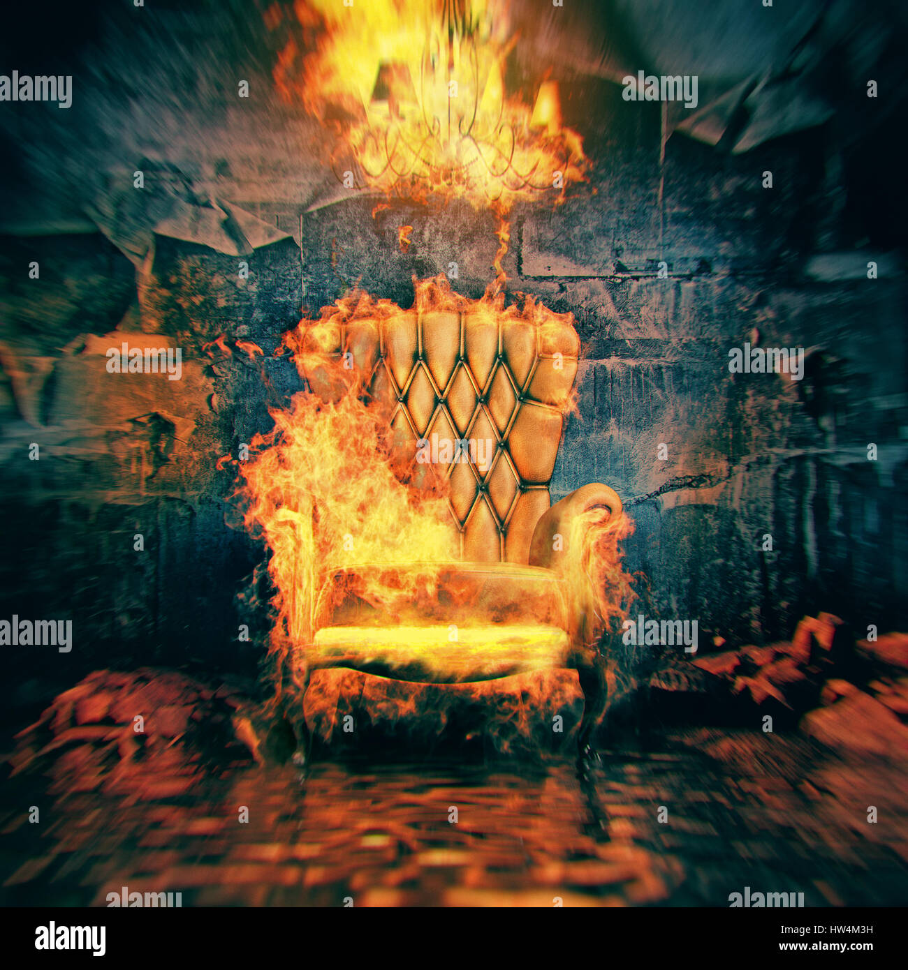 burning armchair in destroyed room . 3d illustration concept Stock ...