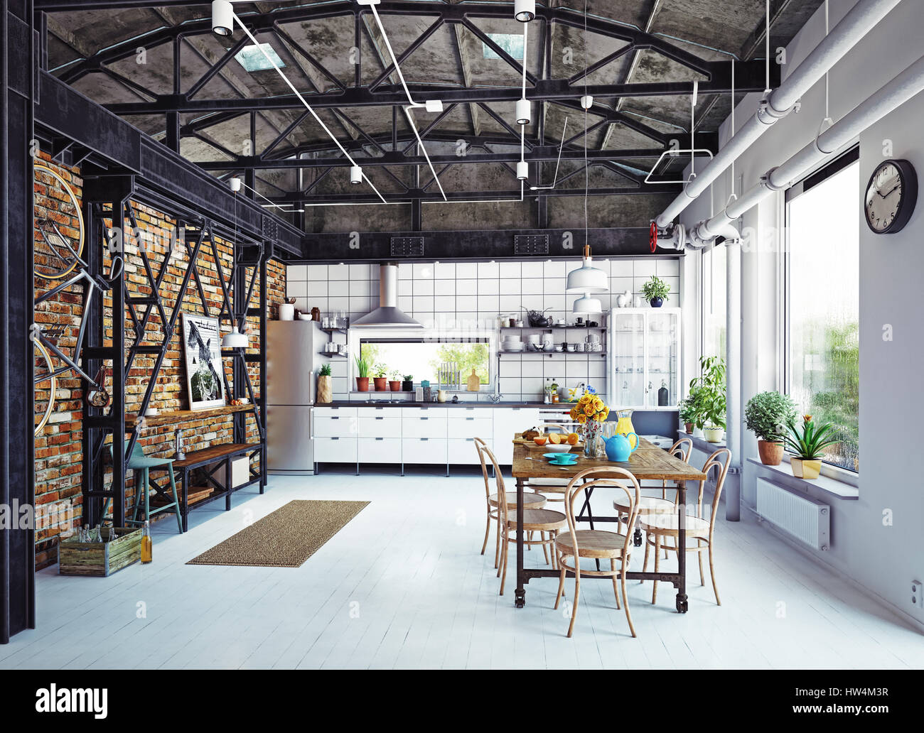 modern loft kitchen interior. 3d rendering concept Stock Photo - Alamy