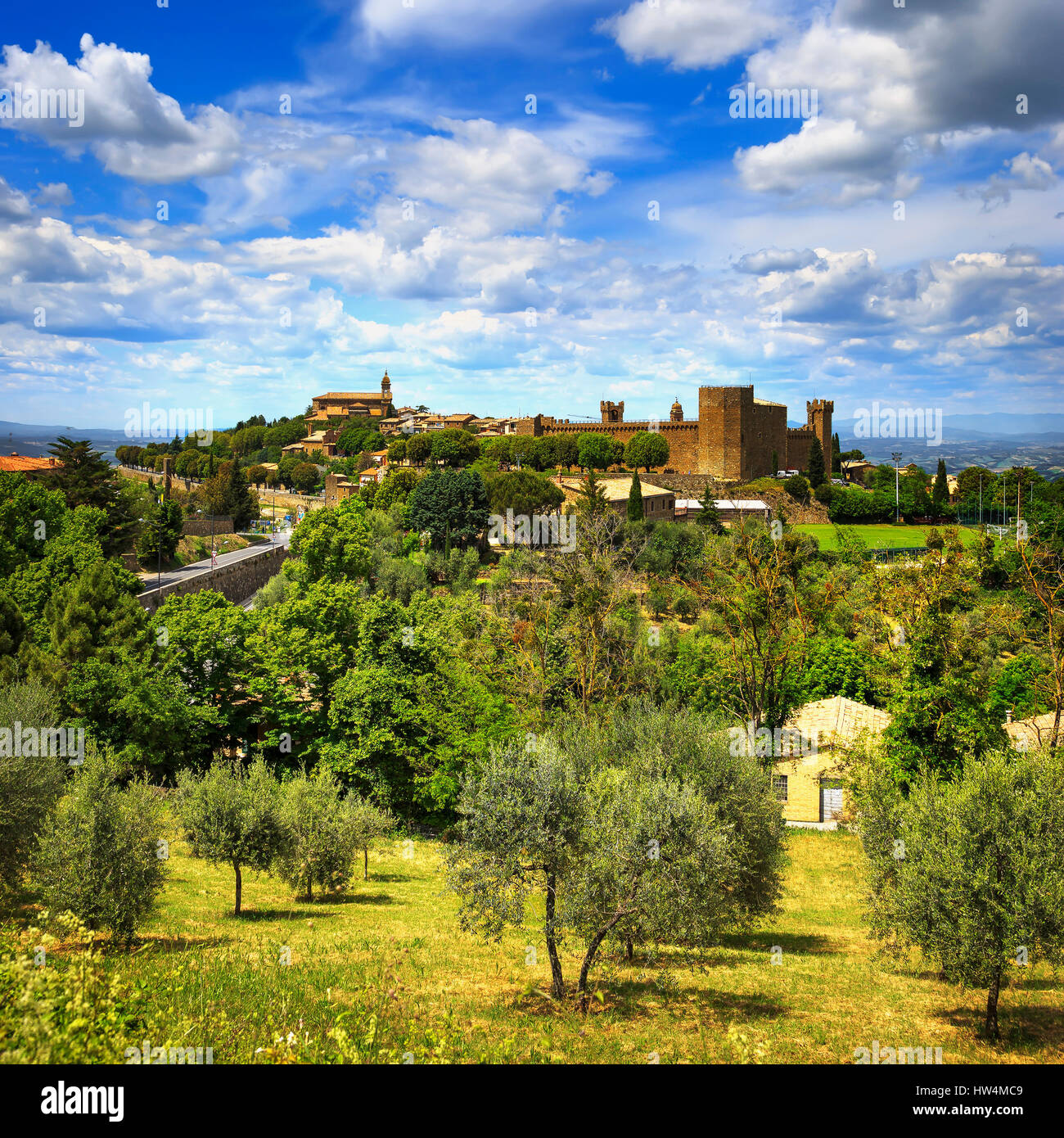 Tuscany, Montalcino italian medieval village, fortress and church view ...