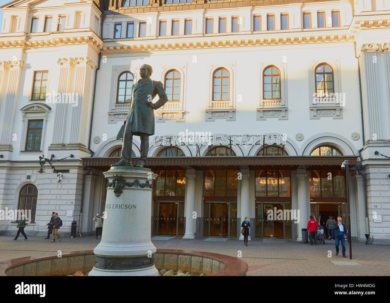 Statue of Swedish mechanical engineer Nils Ericson in front of central ...