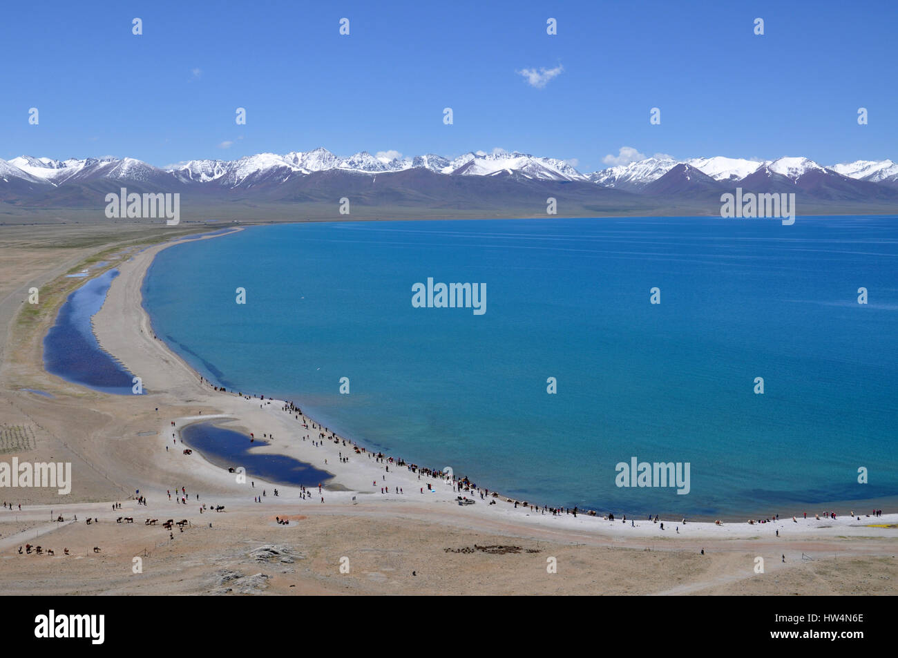 Beautiful Namtso lake landscape with snow peak mountains around it ...