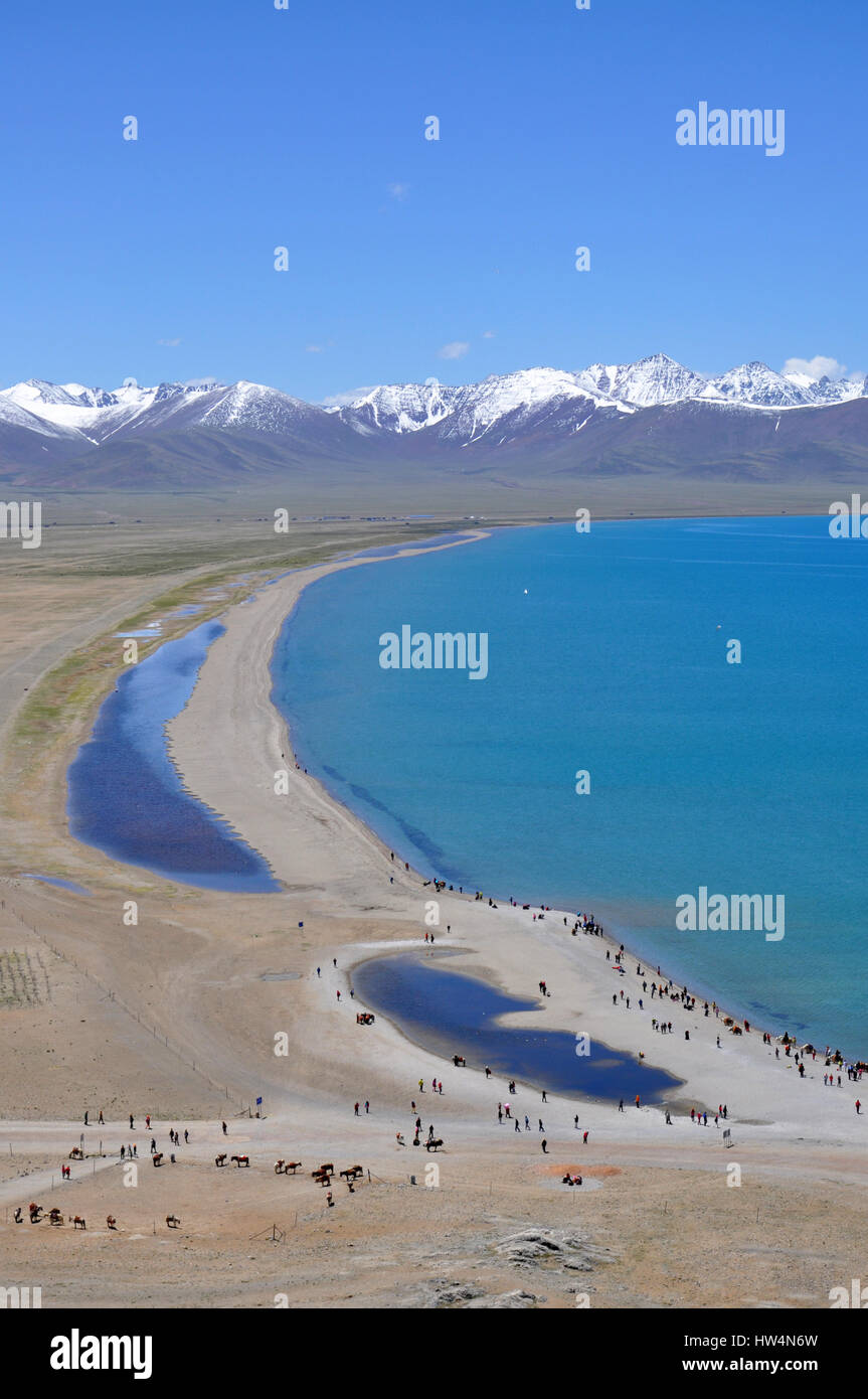 Beautiful Namtso lake landscape with snow peak mountains around it ...