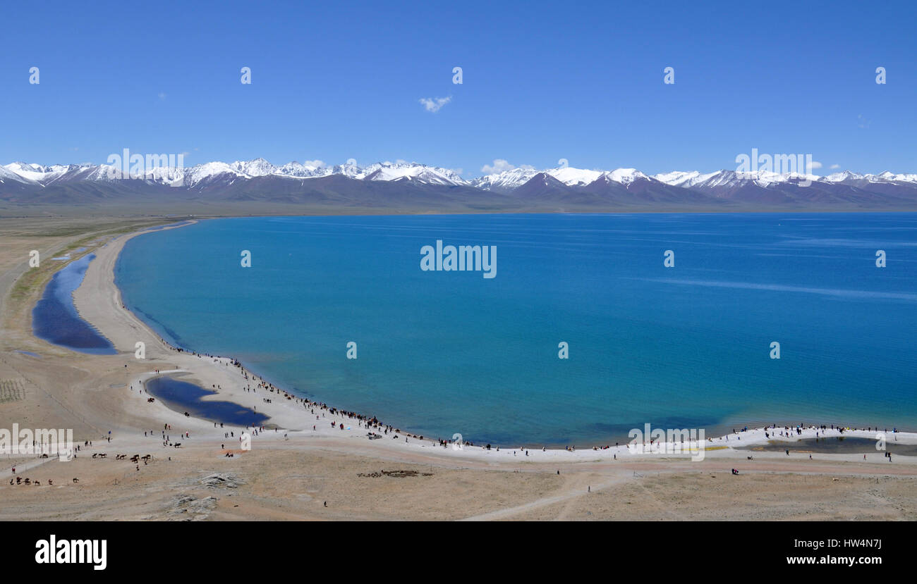 Beautiful Namtso lake landscape with snow peak mountains around it ...