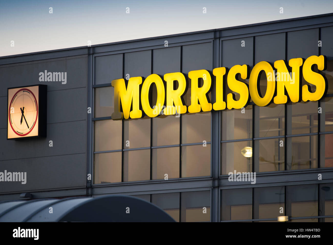 Morrisons supermarket sign logo Stock Photo - Alamy