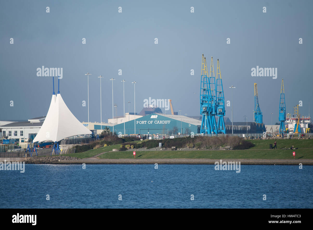 General view of the Port of Cardiff and Cardiff Bay barrage in Cardiff ...