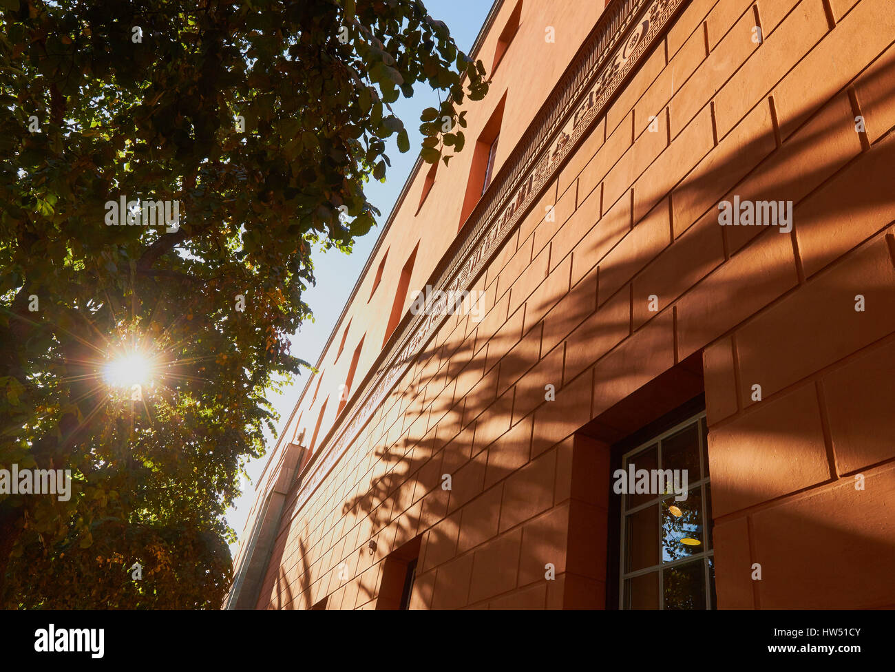 Orange painted decorative facade of Stadsbibliotek (Stockholm Public ...