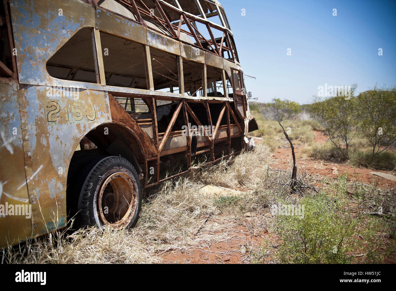 An old broken bus on the North West Coastal Highway, Australia Stock ...