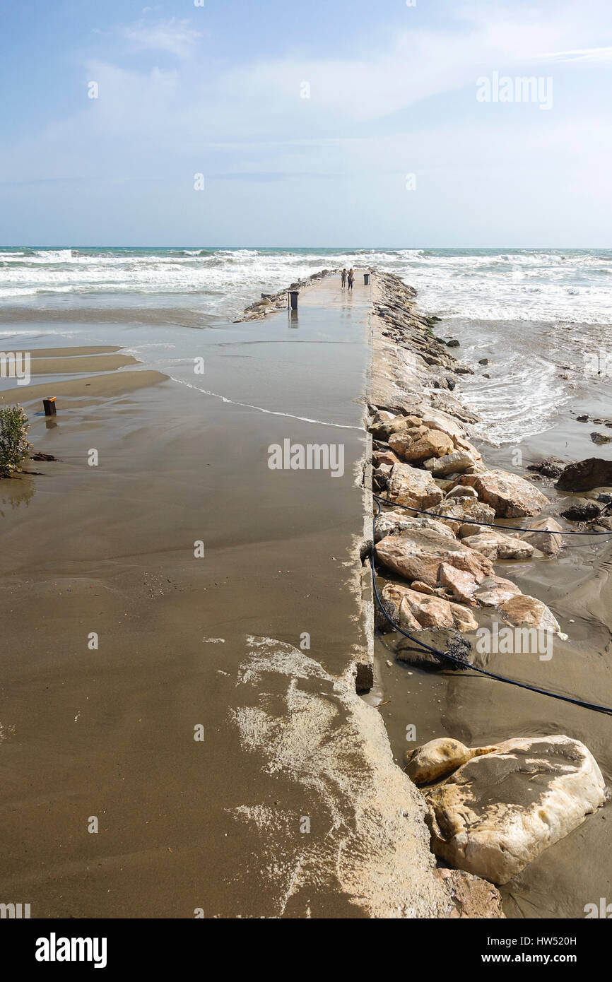 Pier, Quay, sea People watch high waves. Code orange is given for tide ...