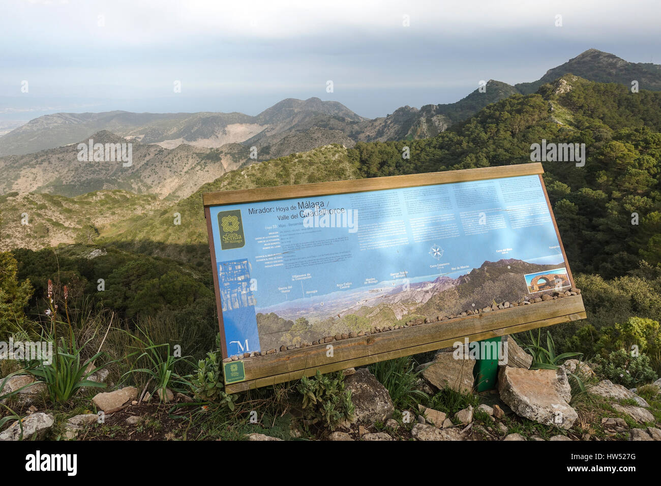 Mountain top sign with information board, sign. hiking trail. Sierra de ...