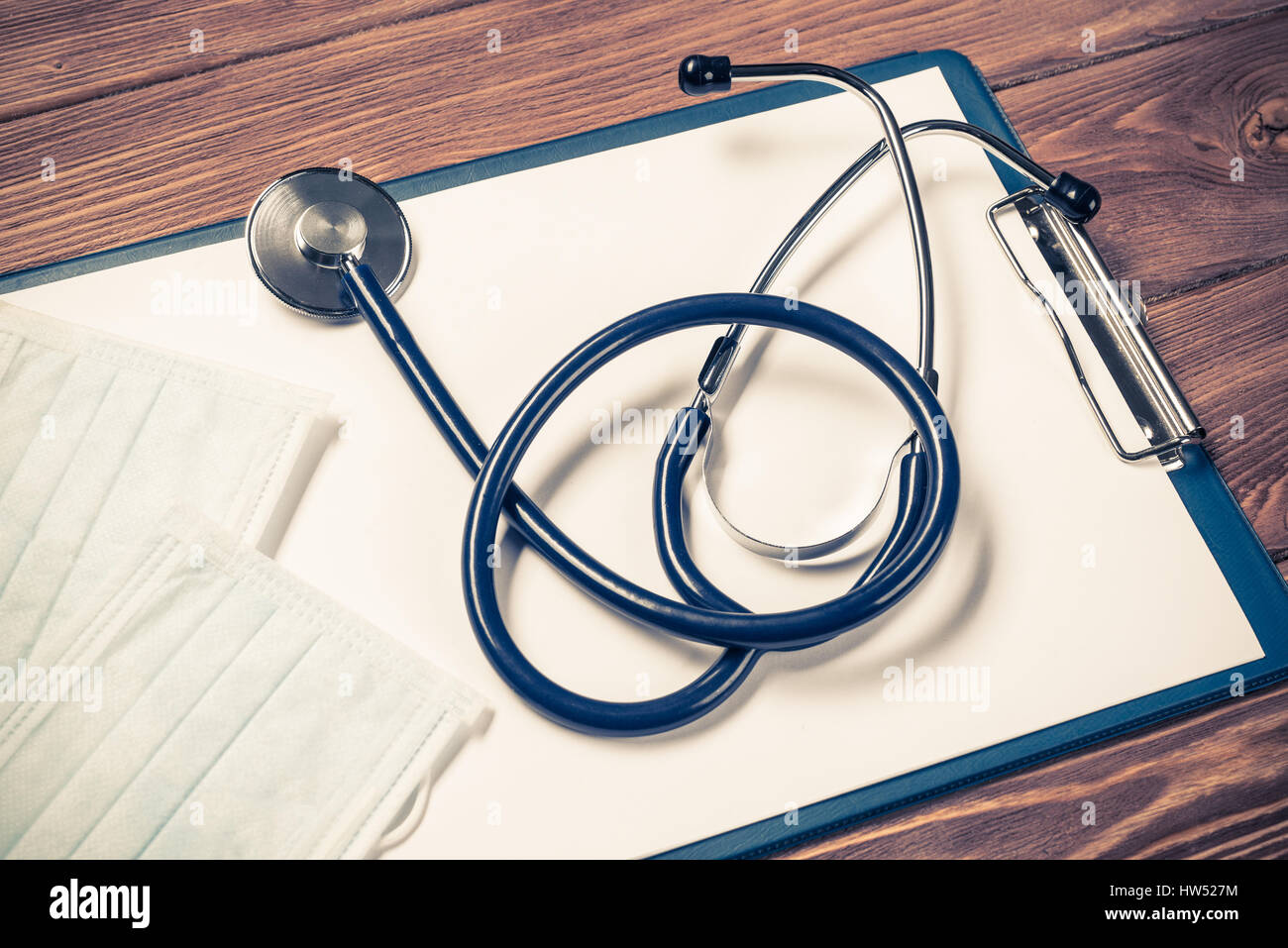Desk of doctor with medicine things Stock Photo - Alamy