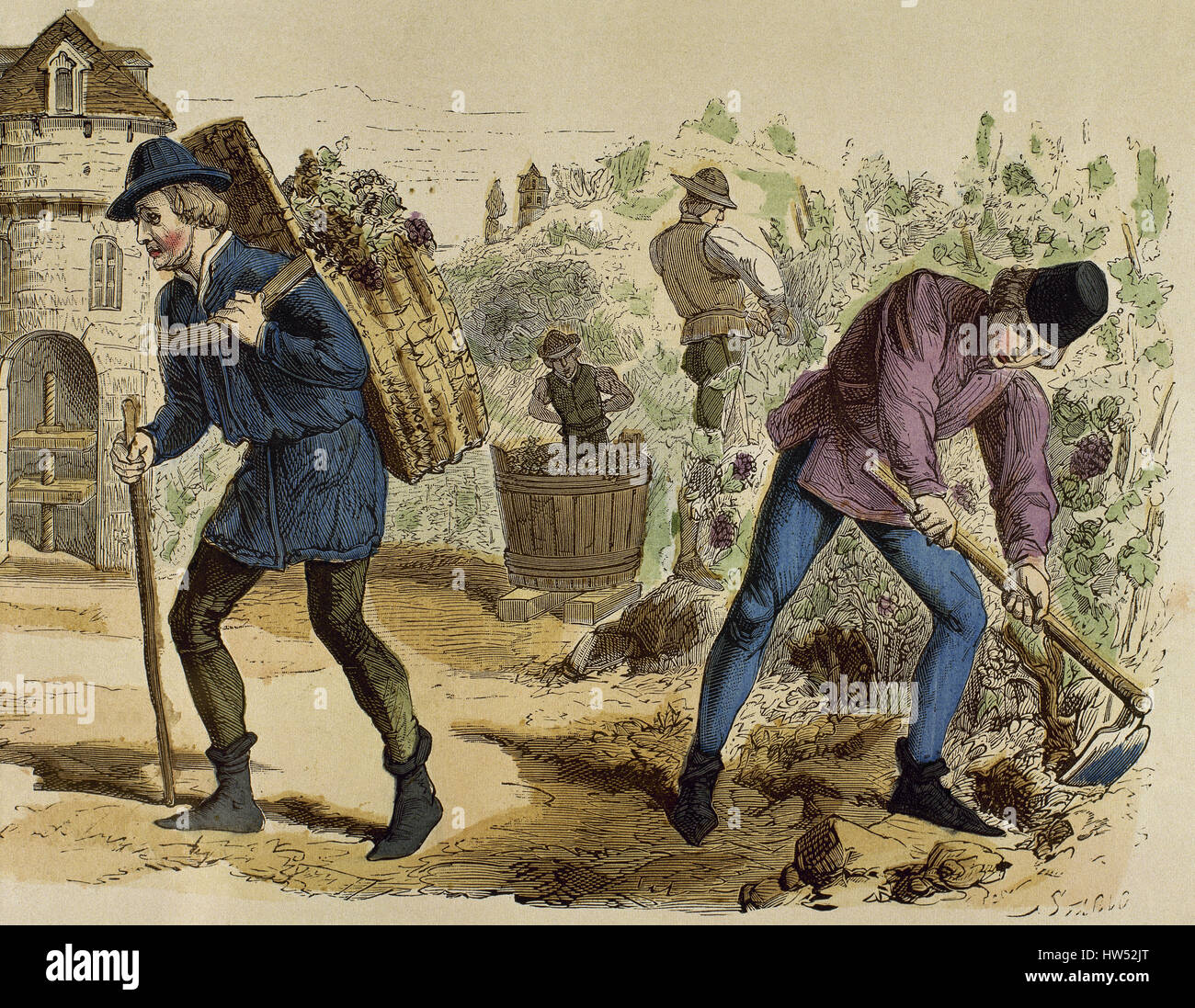France. 15th century. Peasants working during the harvest. Engraving by ...
