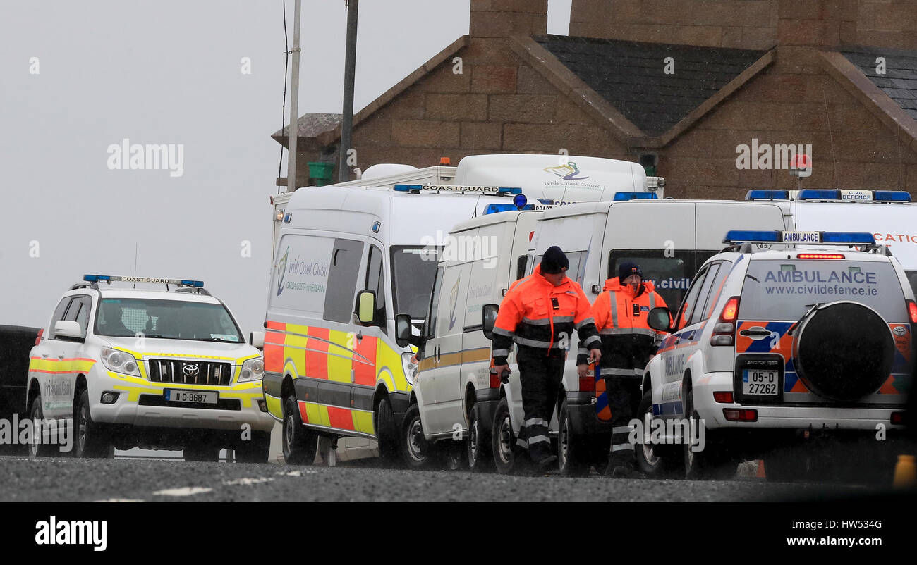 Irish Coastguard vehicles at Blacksod Lighthouse, Co. Mayo, Ireland as ...