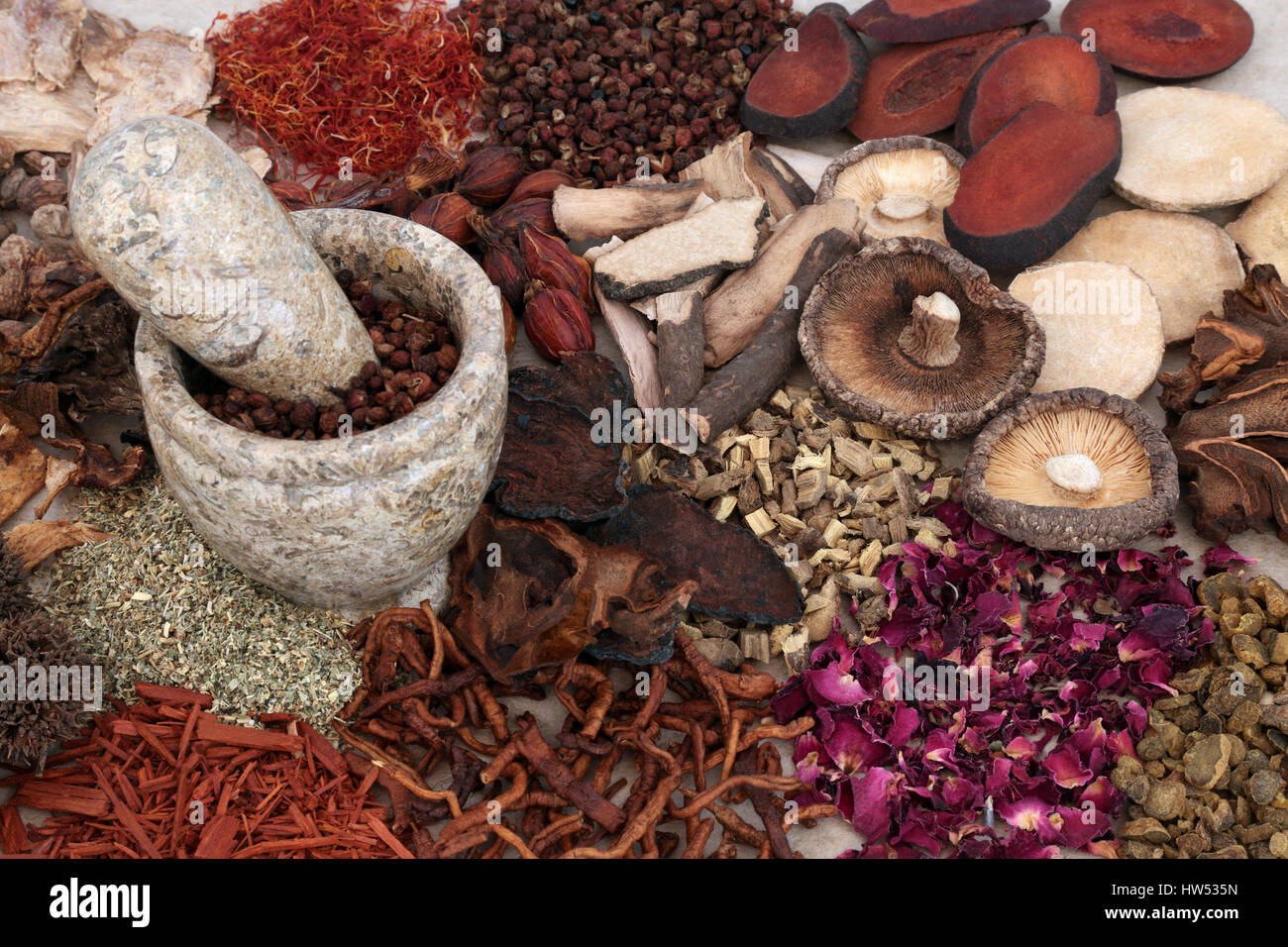 Traditional chinese herbal medicine selection with mortar and pestle ...