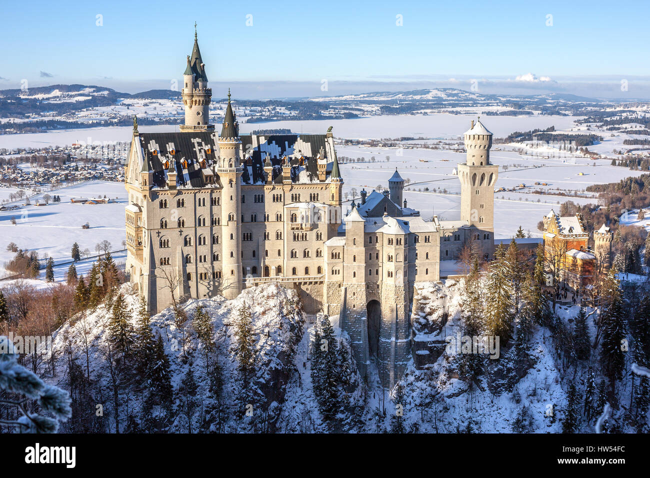 Neuschwanstein castle view from Maria bridge winter, evening light ...