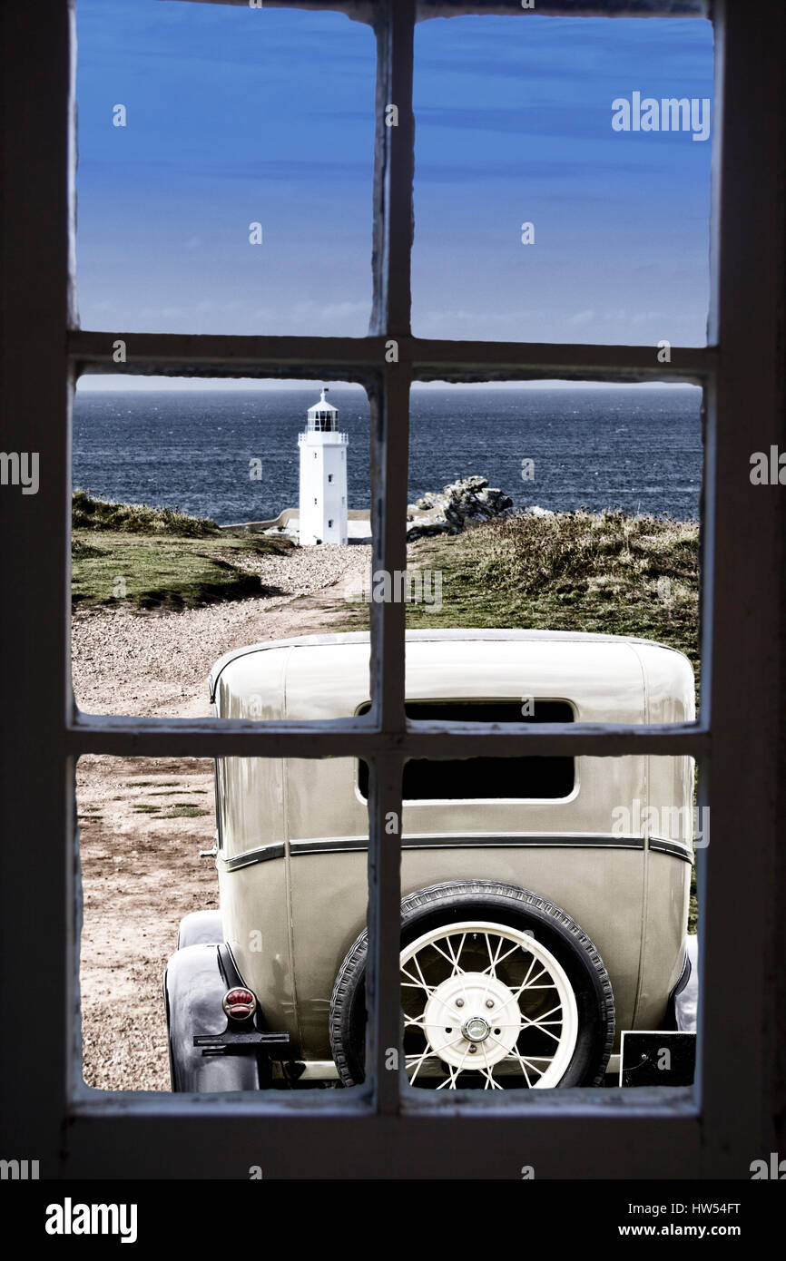 Vintage car and lighthouse viewed through a window Stock Photo - Alamy