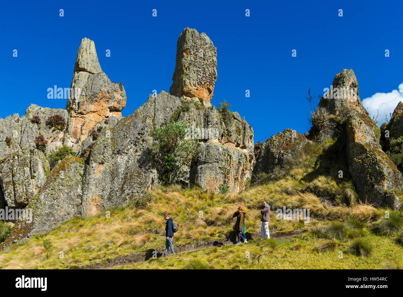 Hiker in front of the rock formations at Cumbemayo with columns named ...