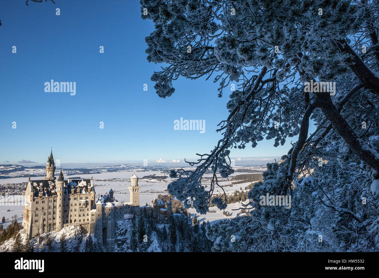 Neuschwanstein castle view from Maria bridge winter, evening light ...
