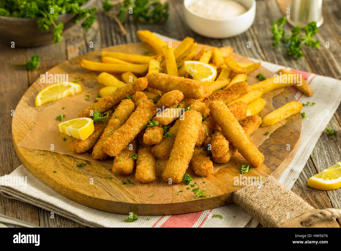 Deep Fried Fish Sticks with French Fries Ready to Eat Stock Photo - Alamy