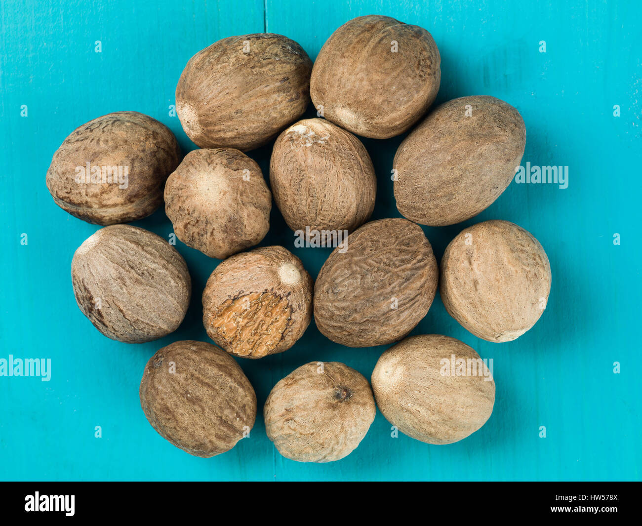Whole Nutmeg Cooking Spice Against a Blue Background Stock Photo - Alamy