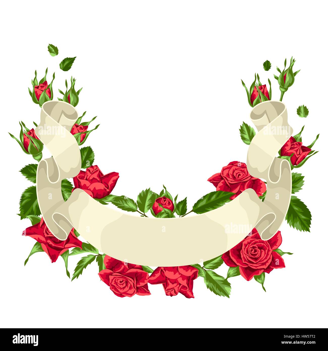 Decorative ribbon with red roses. Beautiful realistic flowers, buds and ...