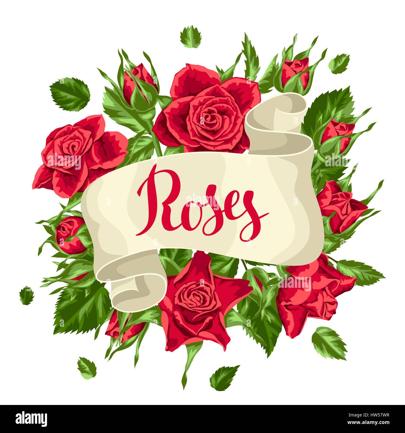 Decorative ribbon with red roses. Beautiful realistic flowers, buds and ...