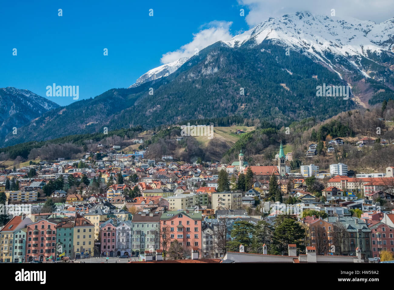 City landscape and aerial view over the roof tops of Innsbruck ...