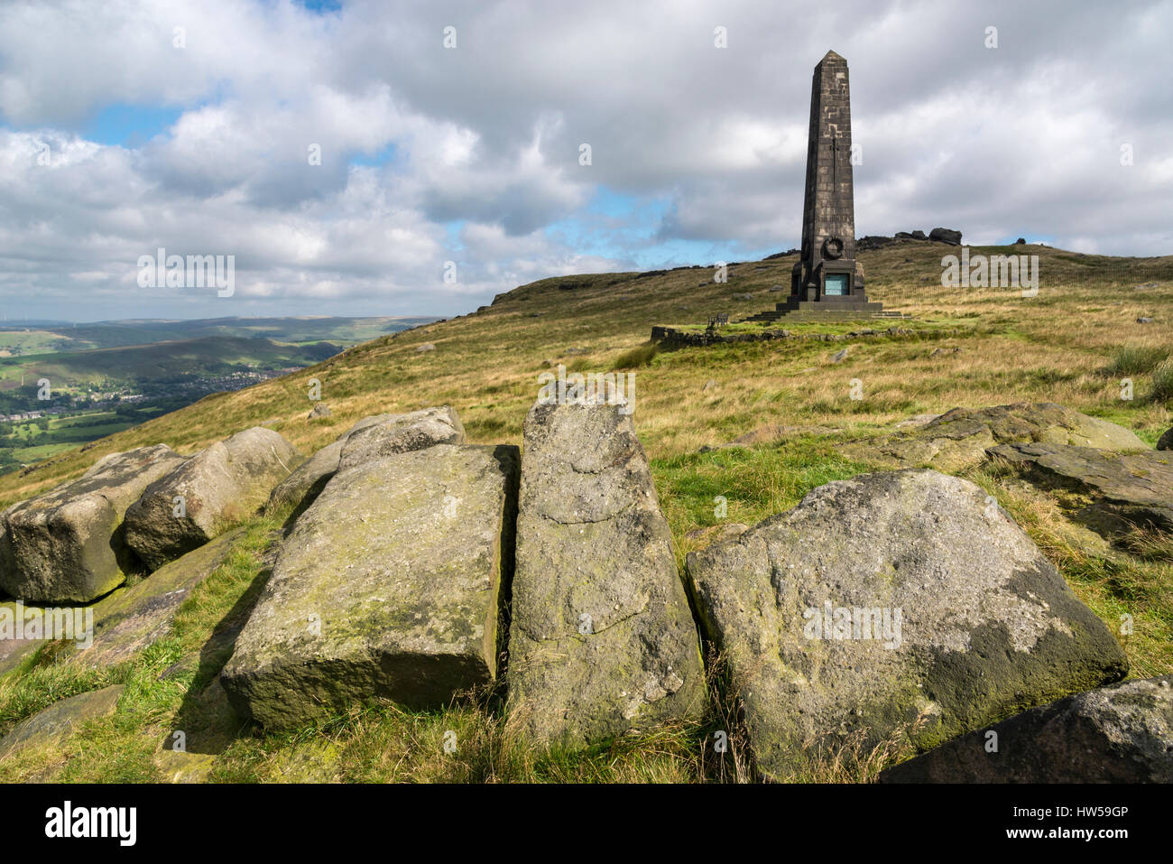 Saddleworth war memorial on the hill above Uppermill near Oldham ...