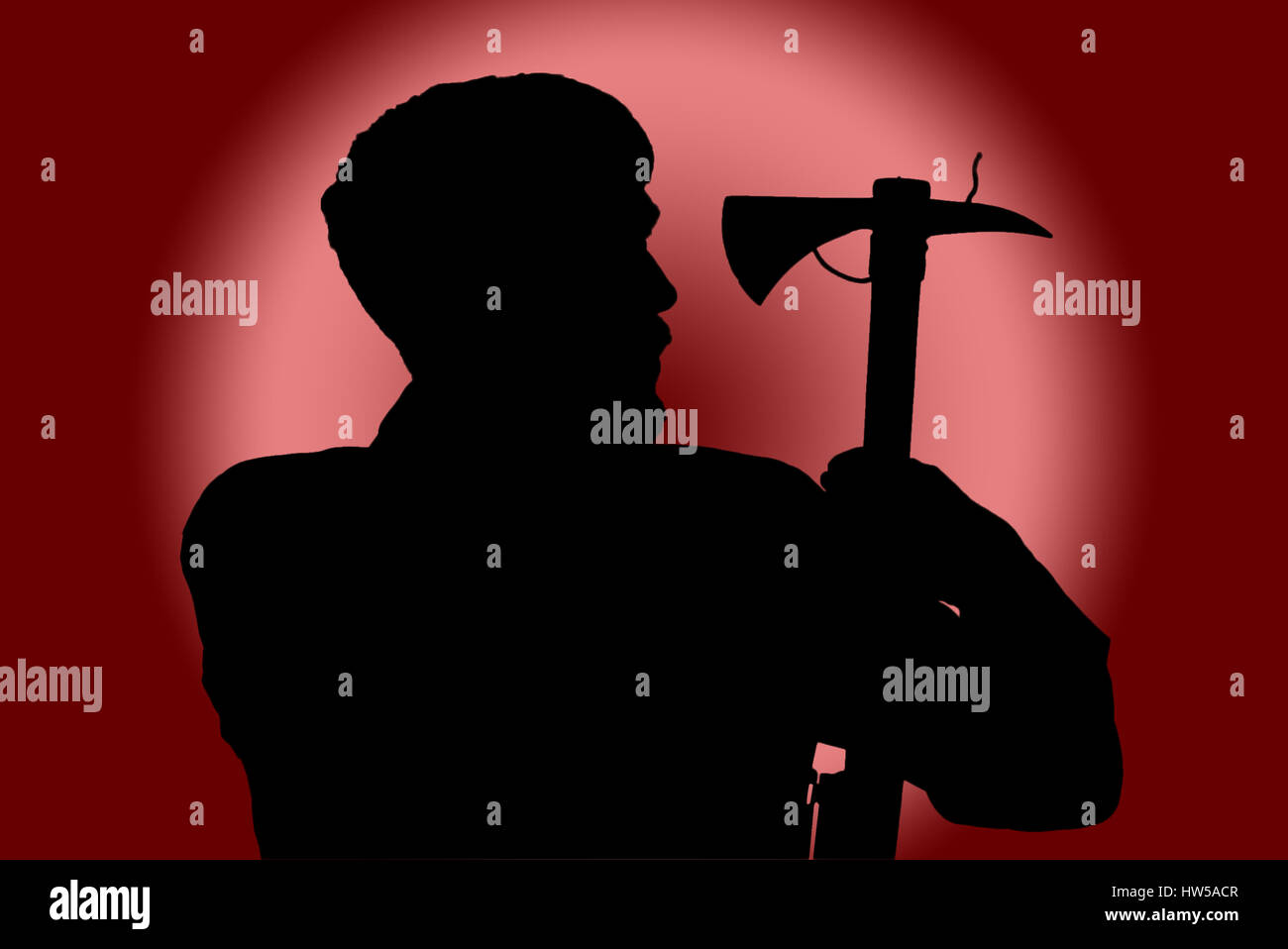 Silhouette of man with ax on red background Stock Photo - Alamy
