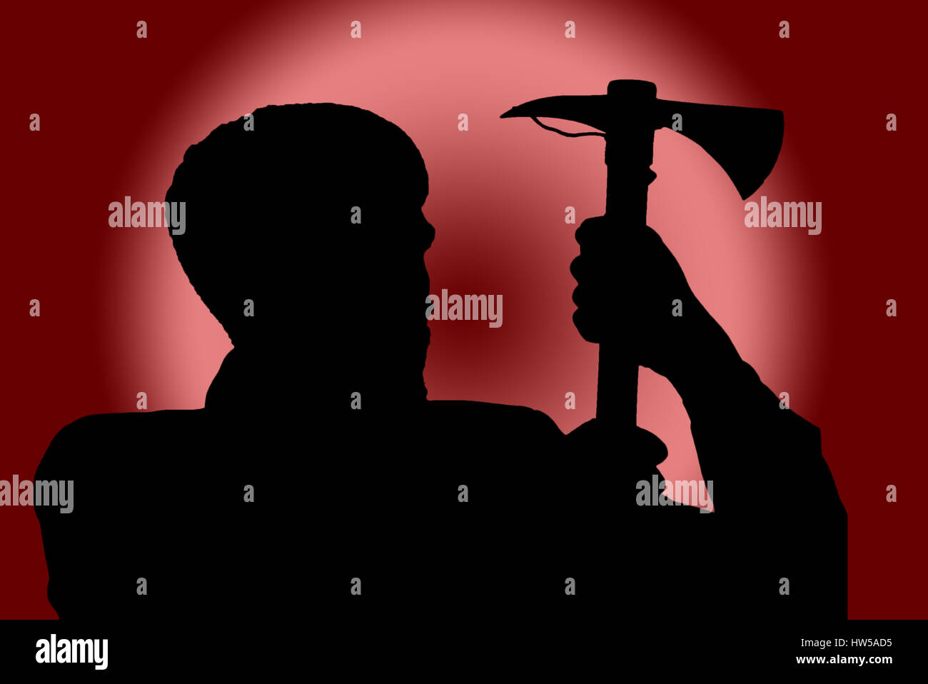 Silhouette of man with ax on red background Stock Photo - Alamy