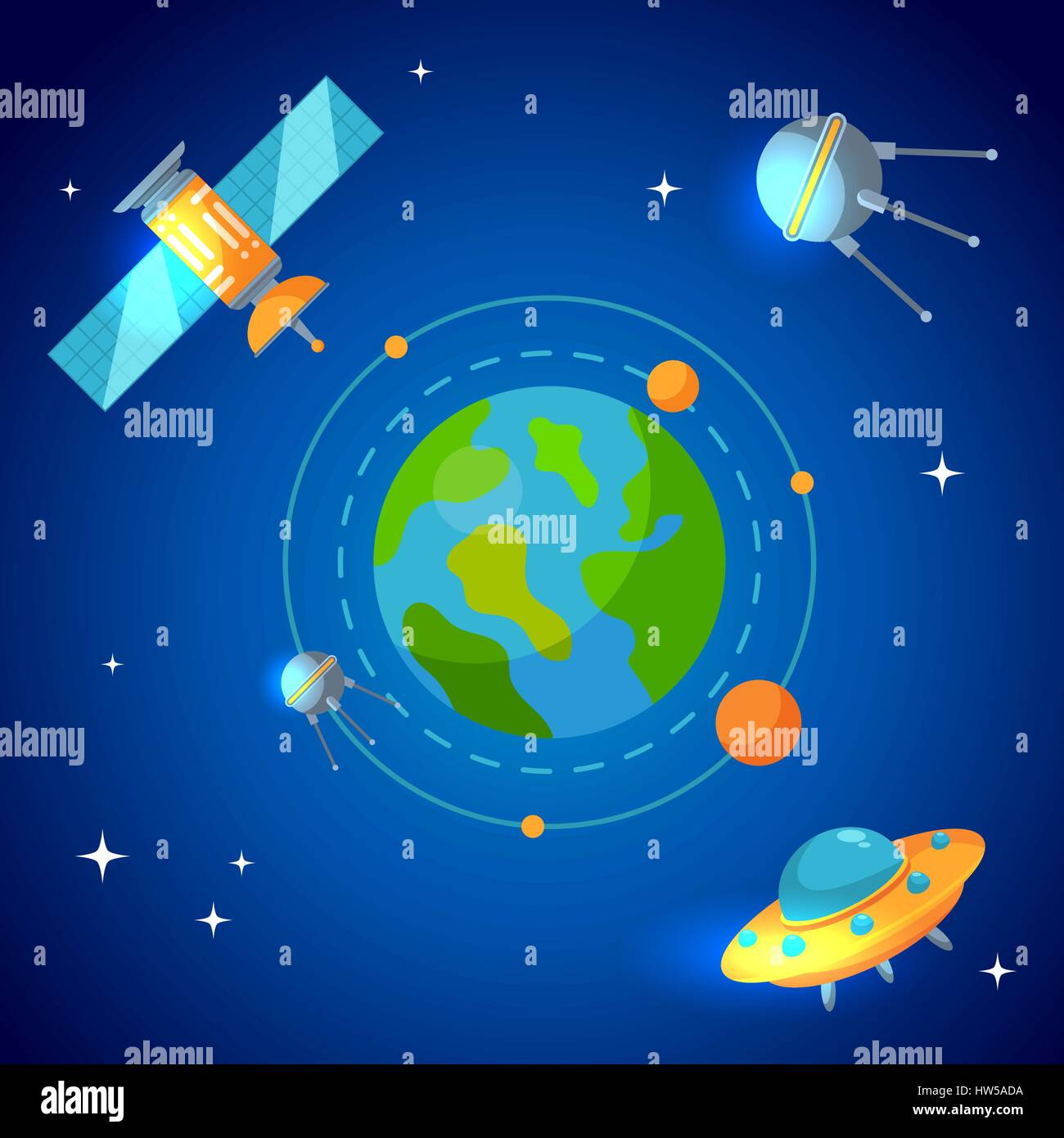 Planet earth and satellites in orbit. alien ship Stock Vector Image ...