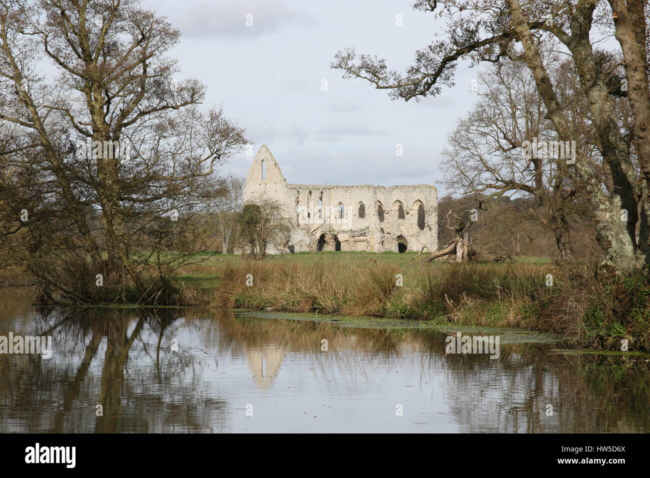 A view across the River Wey towards the ruins of Newark Priory near ...