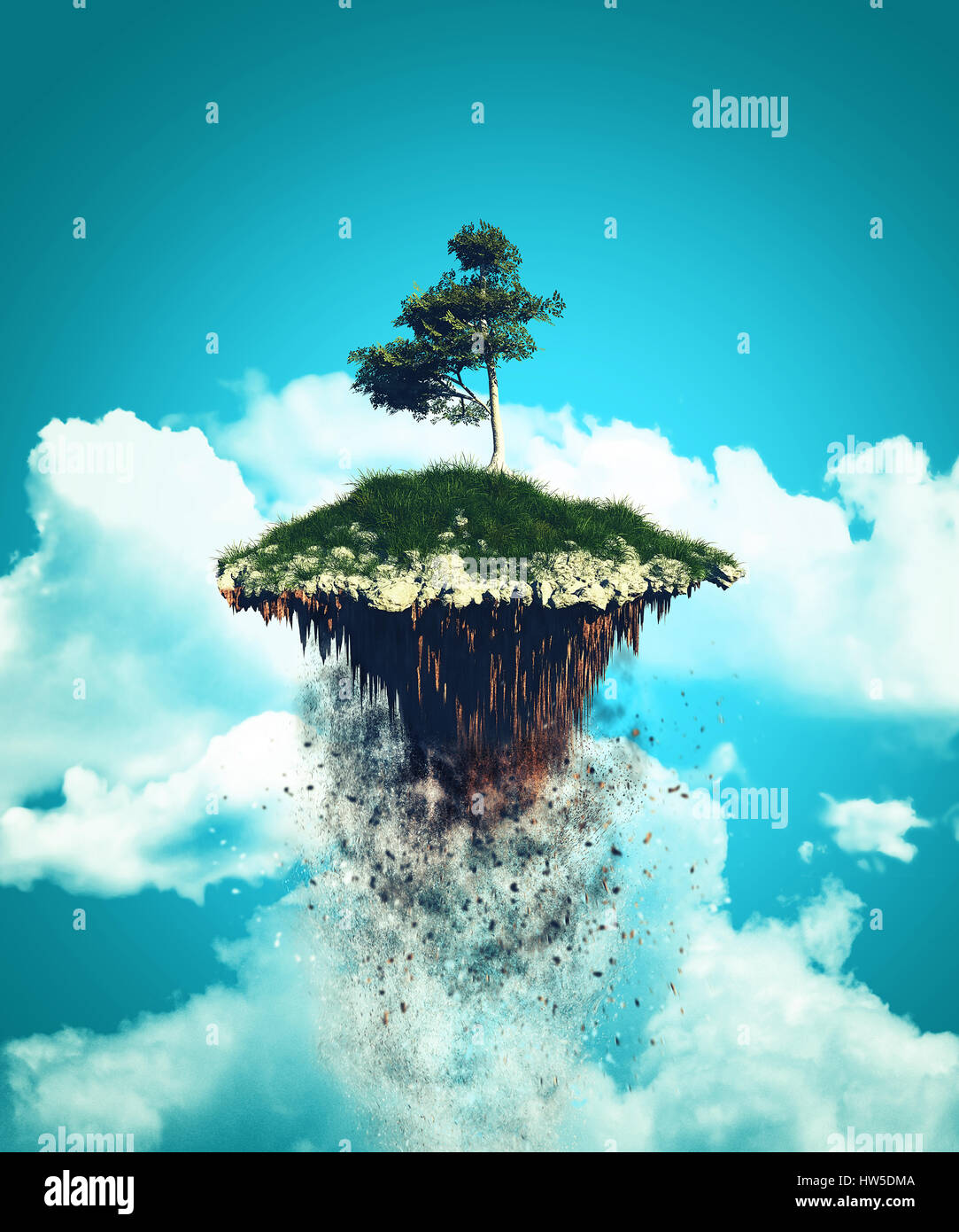 3D render of a floating island exploding up into the sky Stock Photo ...