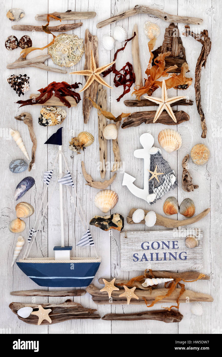 Abstract seaside collage with decorative sailing and nautical items ...