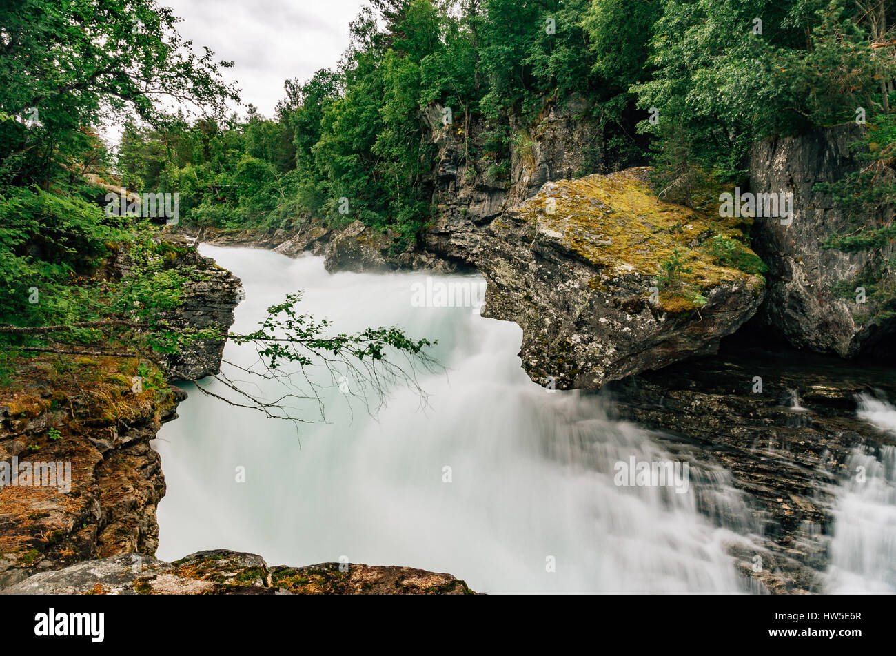 Closeup view on Slettafossen waterfall in the river Rauma, Norway. Long ...