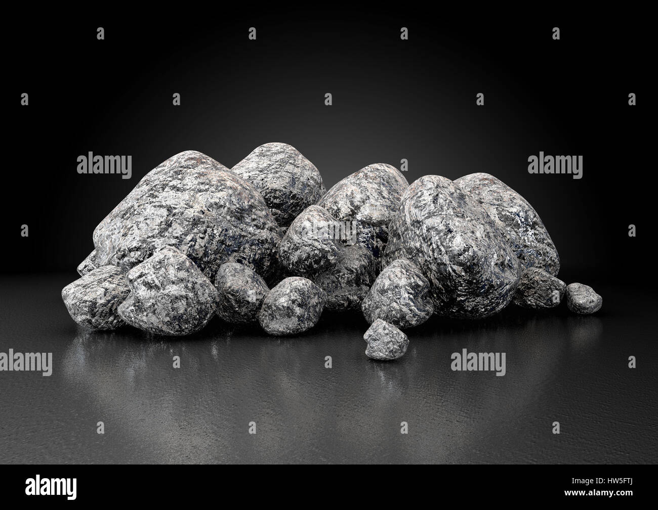 A collection of iron ore nuggets on an isolated white studio background ...