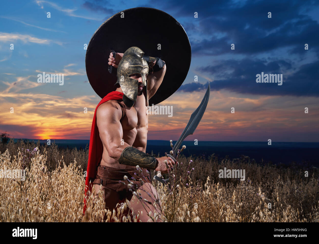 Warrior in helmet holding sword over head Stock Photo - Alamy