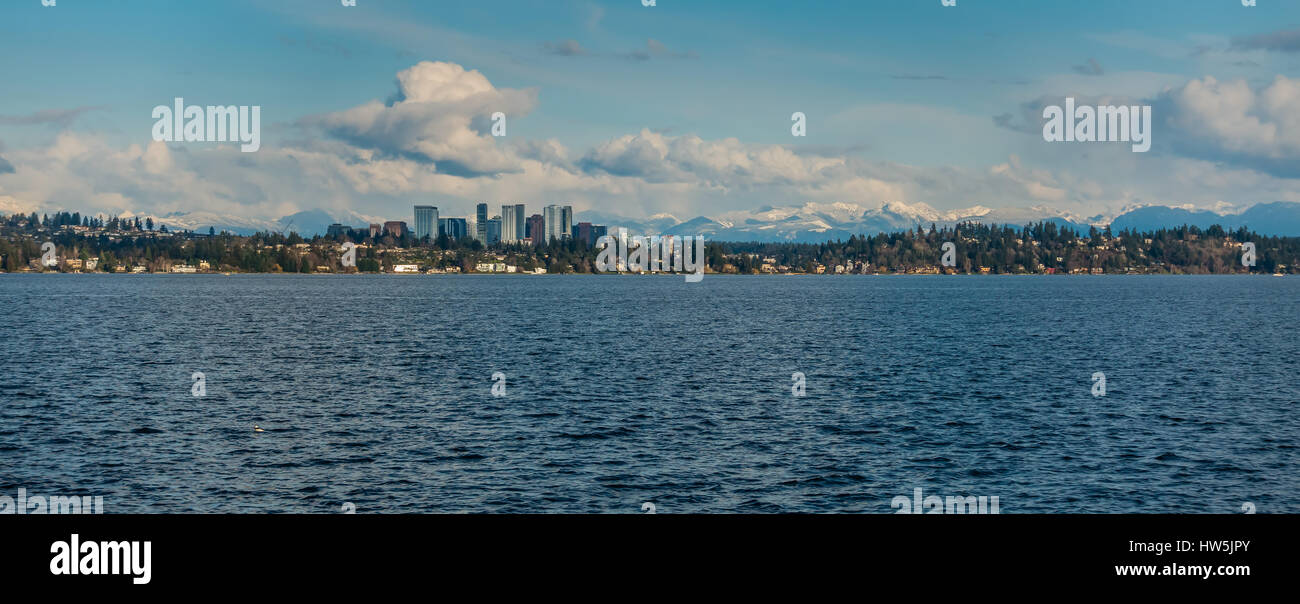 Panorama shot of the skyline of Bellevue, Washington with the Cascade ...