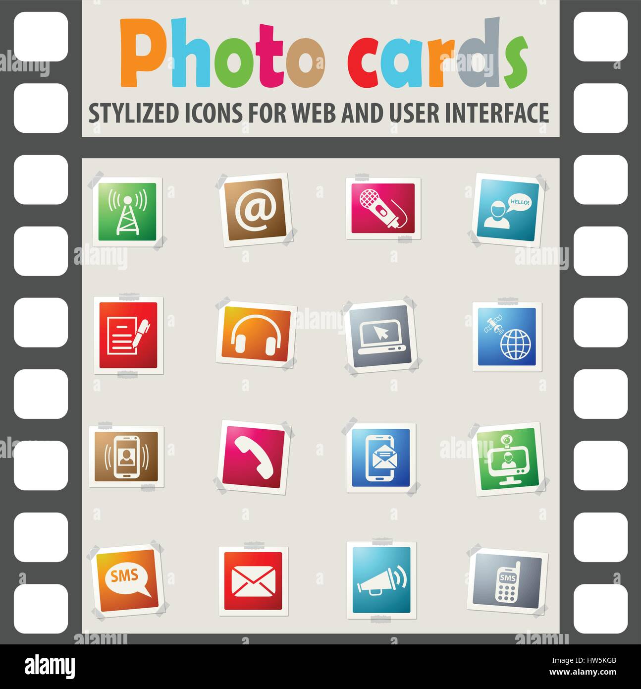 communication web icons on color photo cards for user interface Stock ...