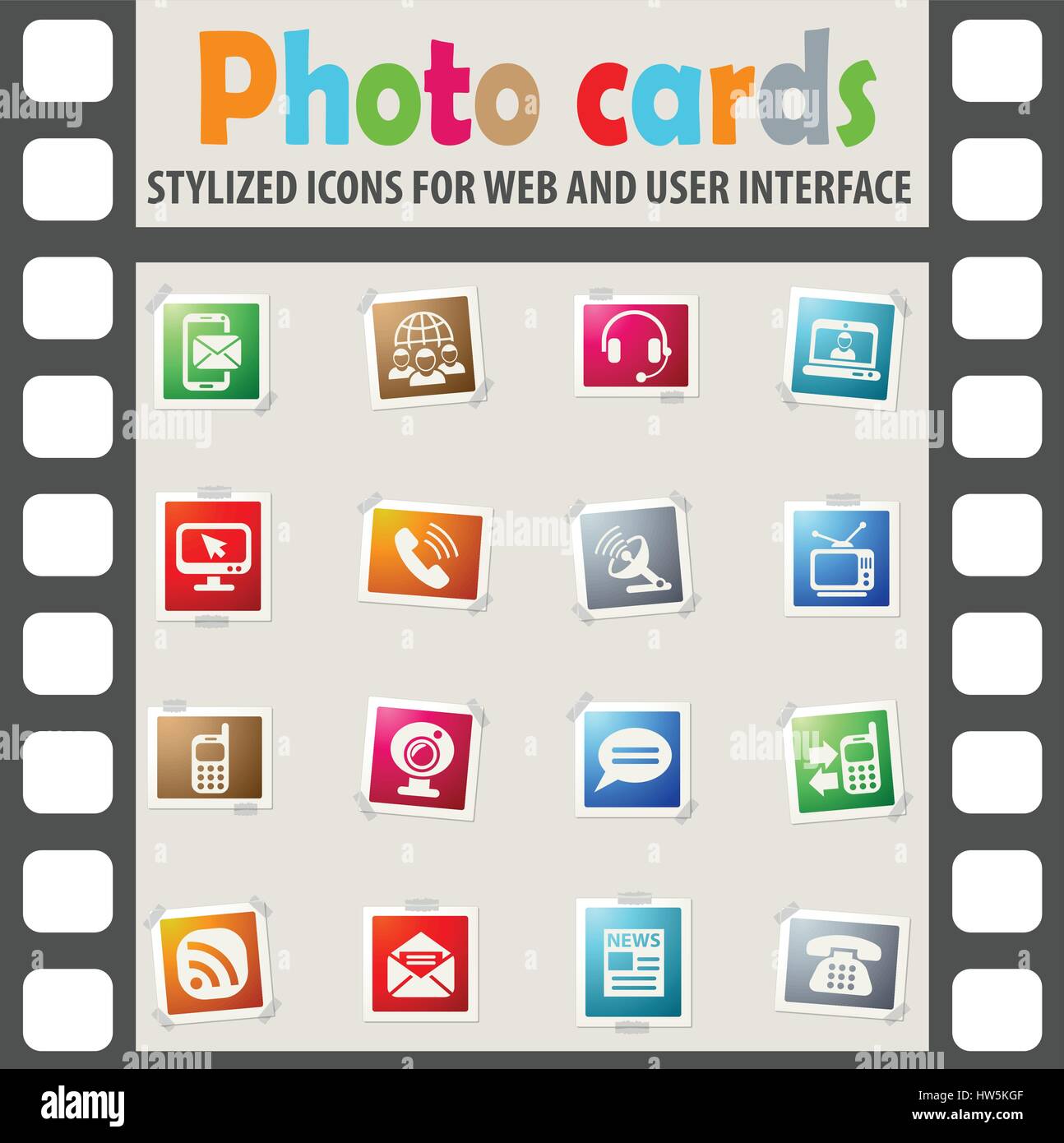 communication web icons on color photo cards for user interface Stock ...