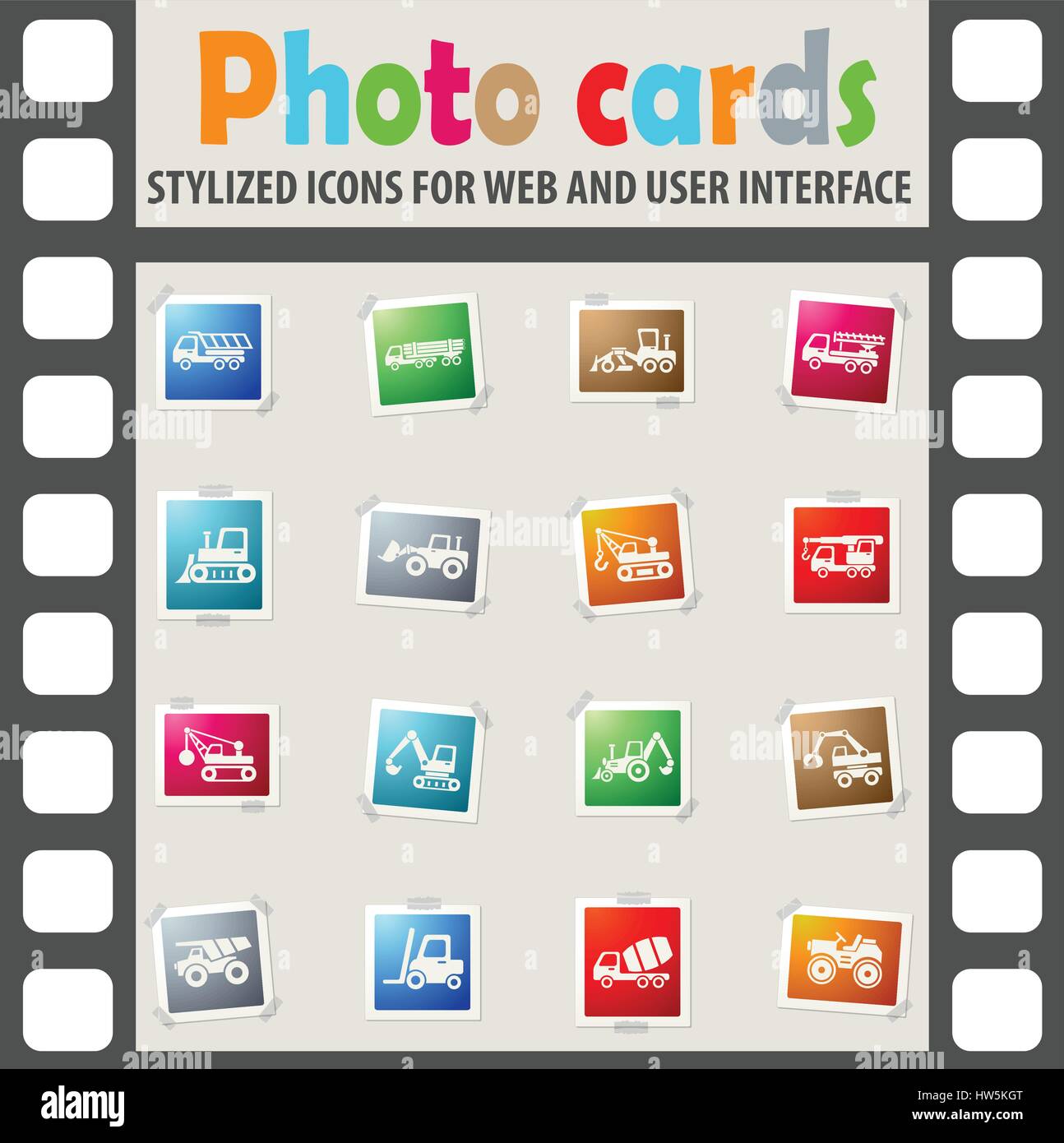 construction machinery web icons on color photo cards for user ...