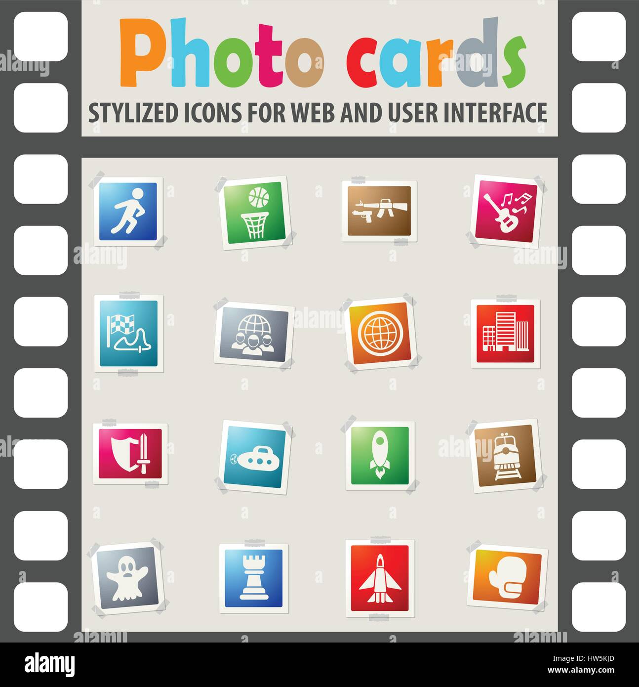 game genre web icons on color photo cards for user interface Stock ...