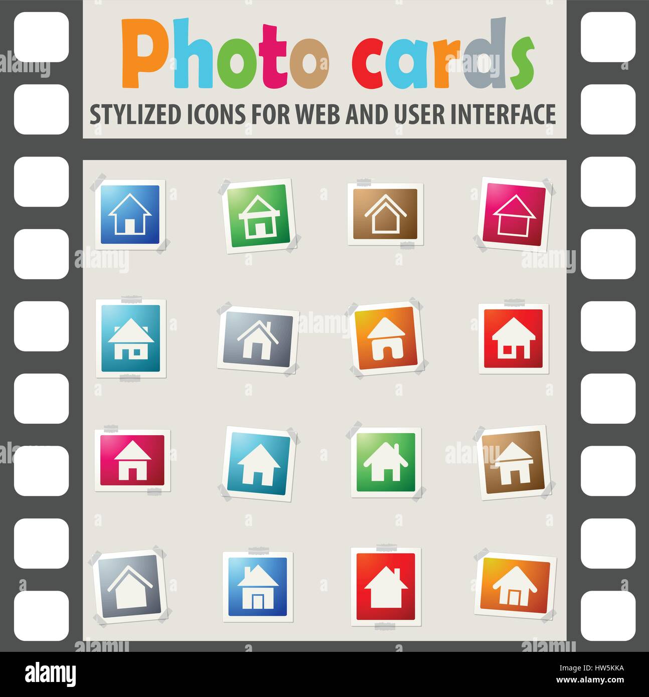 home web icons on color photo cards for user interface Stock Vector ...