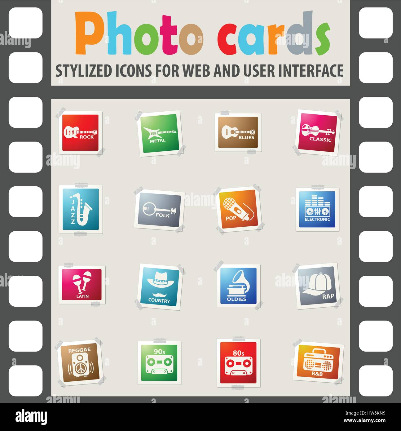 musical genre web icons on color photo cards for user interface Stock ...