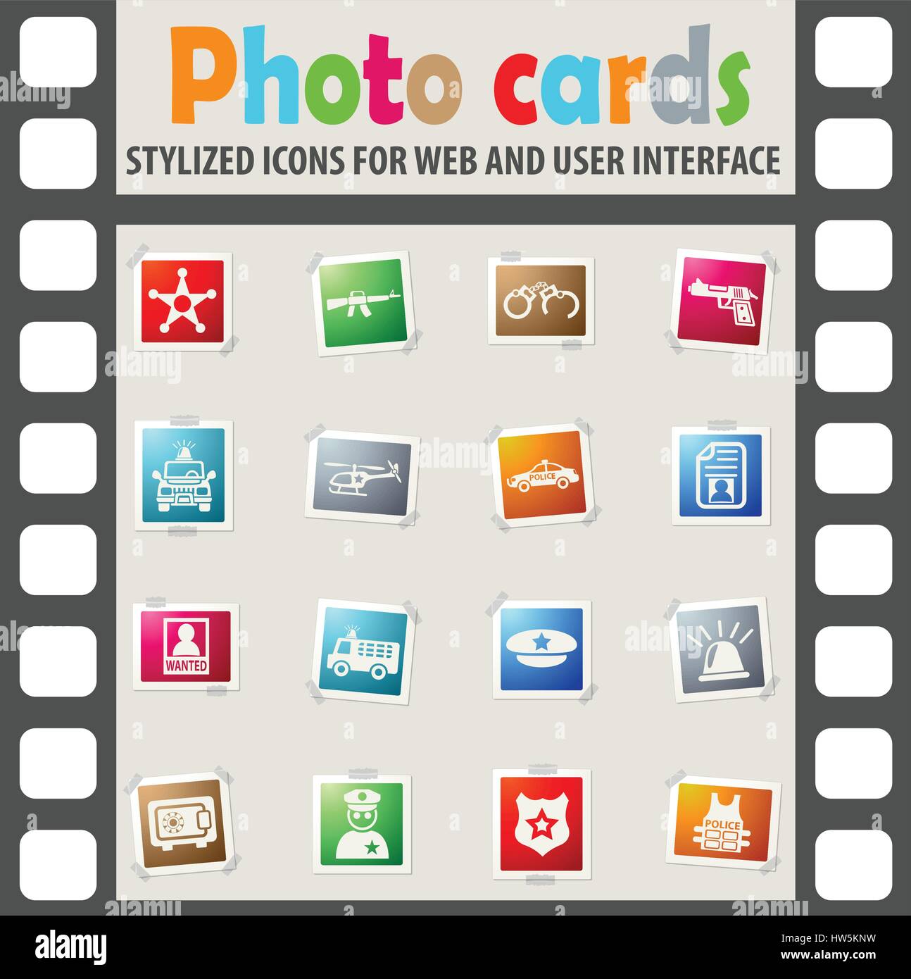 police web icons on color photo cards for user interface Stock Vector ...