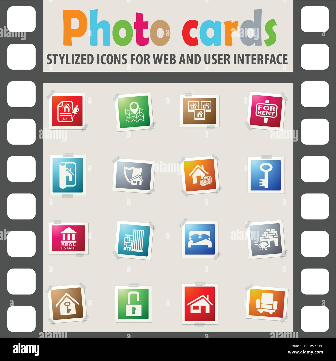 real estate web icons on color photo cards for user interface Stock ...