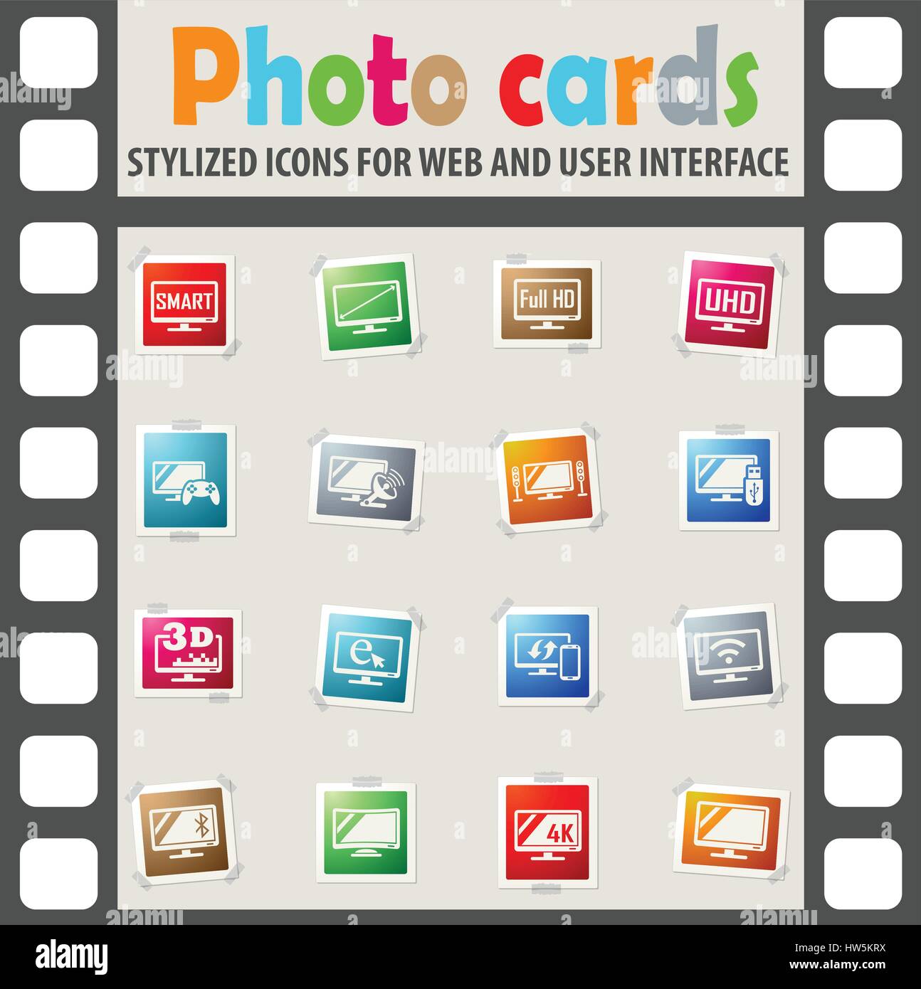 smart tv web icons on color photo cards for user interface Stock Vector ...