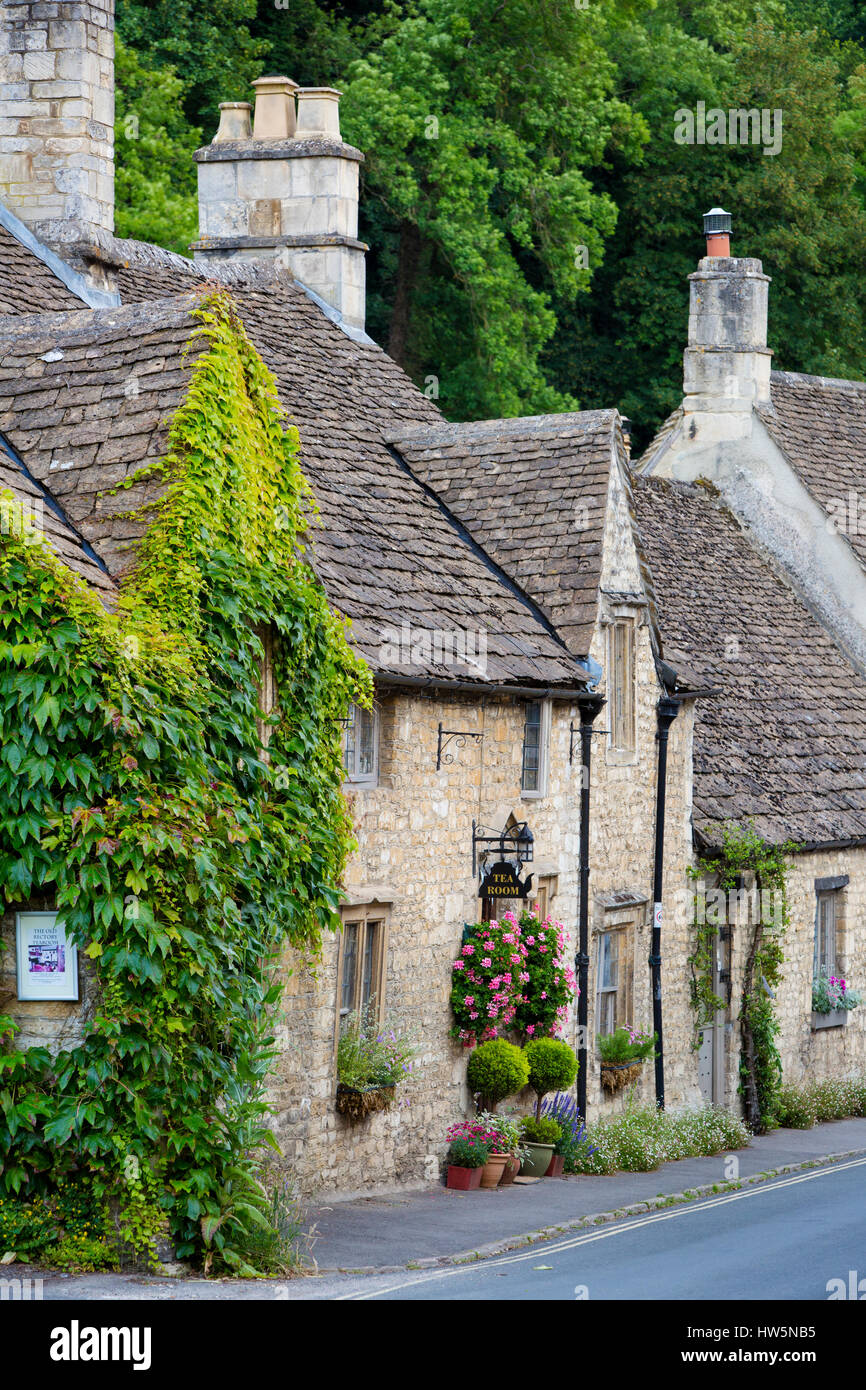 Homes and shops along the High Street, Castle Combe, the Cotswolds ...