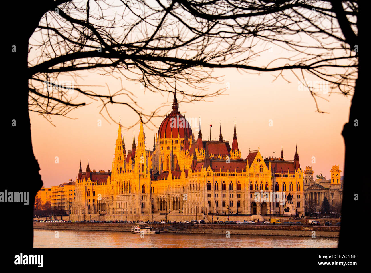Hungarian Parlament building at night, Neogothic Style, National Assembly. Banks of Danube river ...